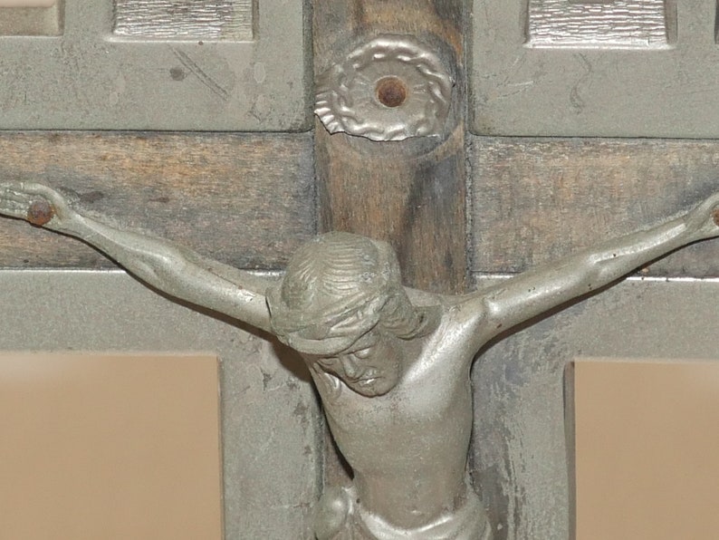 Vintage German Altar Crucifix, Metal & Wood Standing Cross, Lot Nr 446 ...