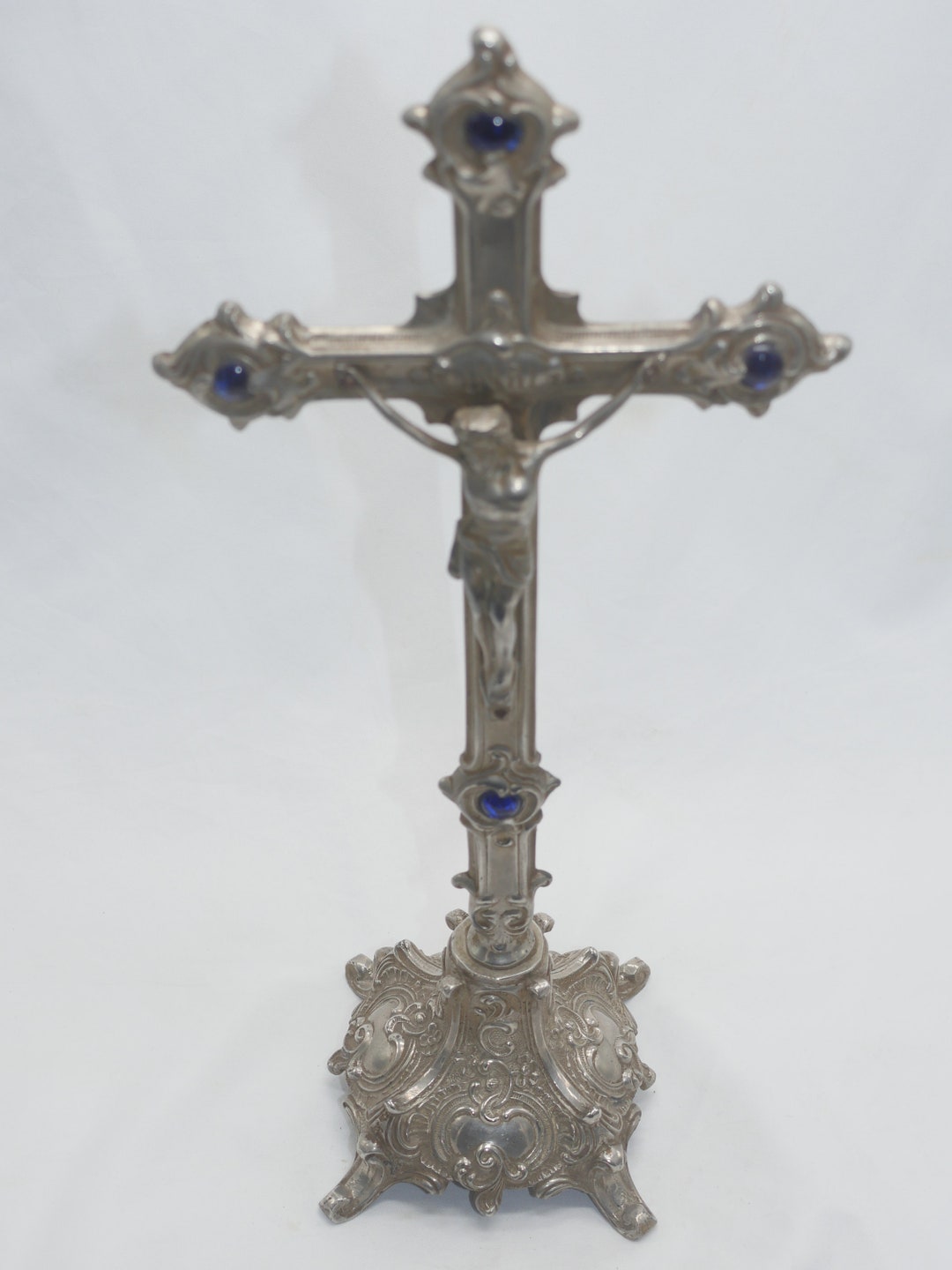 Antique French Pewter Jeweled Crucifix With Blue Glass Inserts, INRI ...