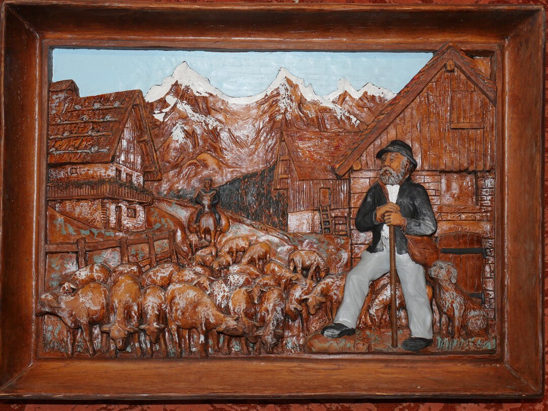 Lot Nr 562 Old Vintage Hand Carved 3D Rural Landscape Painted Wood ...