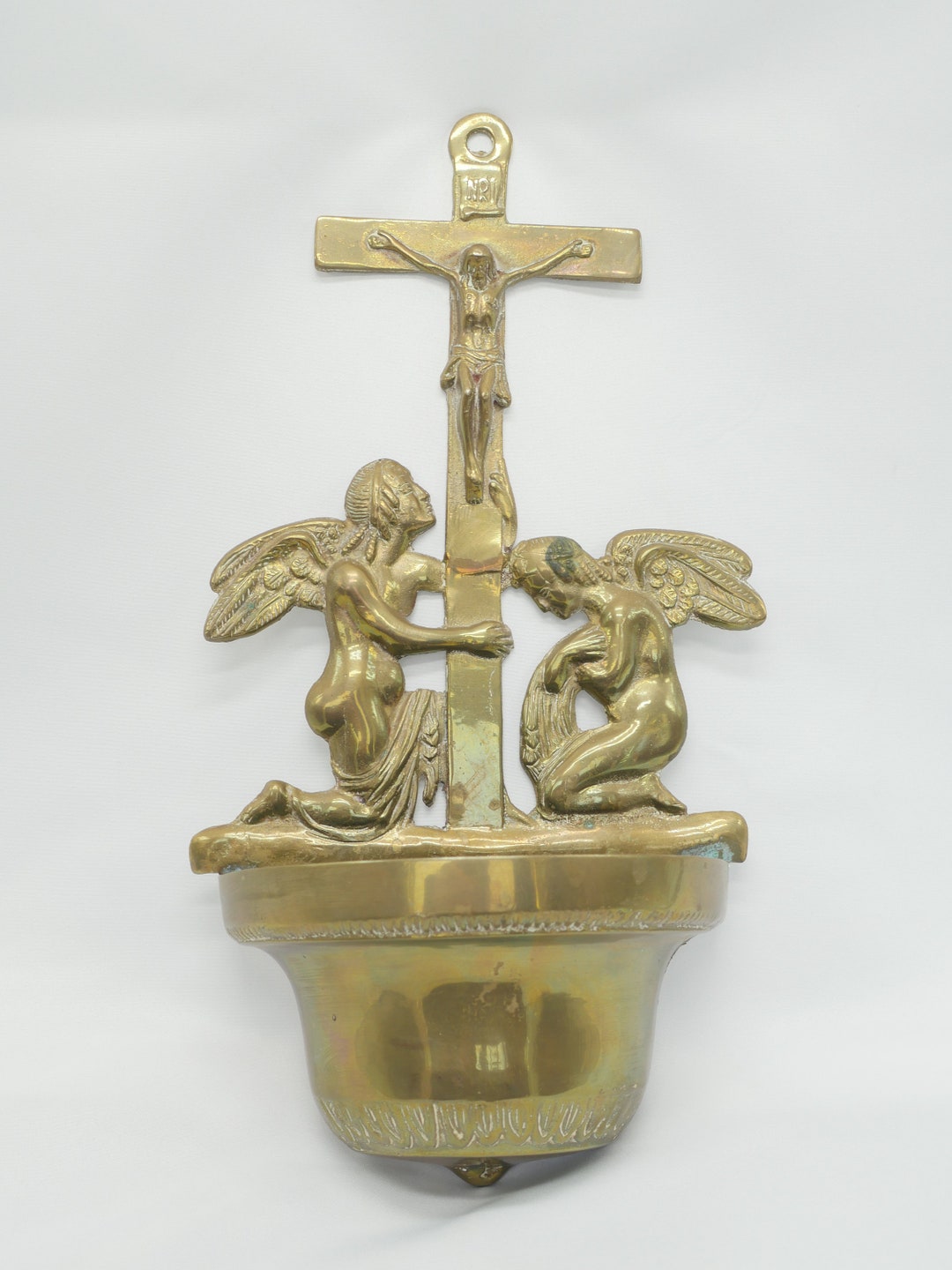 Vintage Brass Holy Water Container, Crucifix With Angels, Lot Nr 387 - Etsy