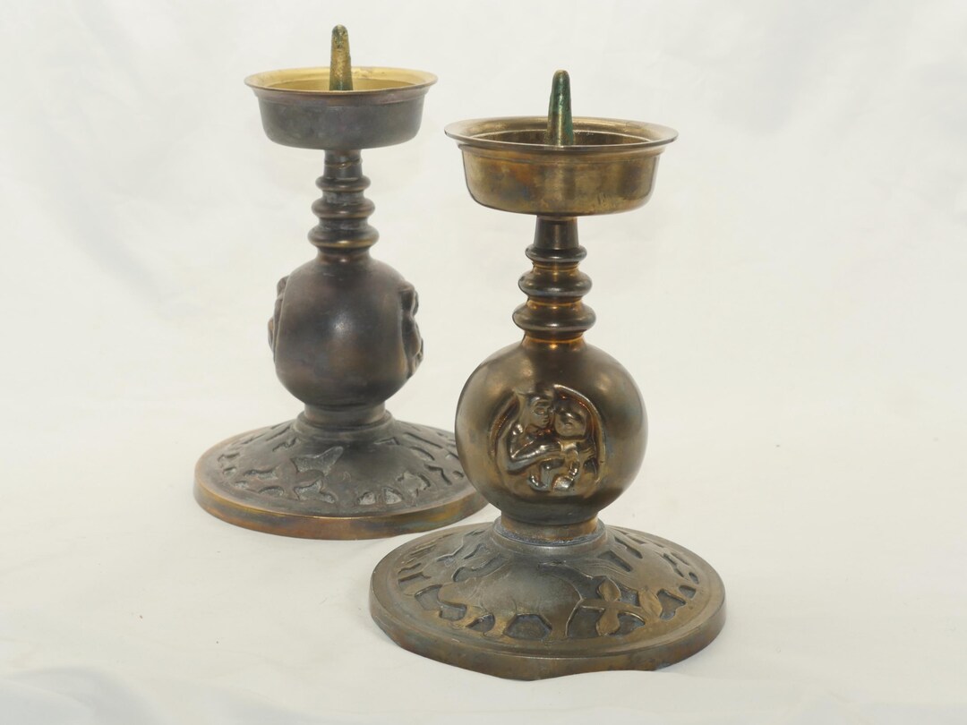 Vintage Swedish Metal Candlestick Set: Religious Relief Decor - Etsy