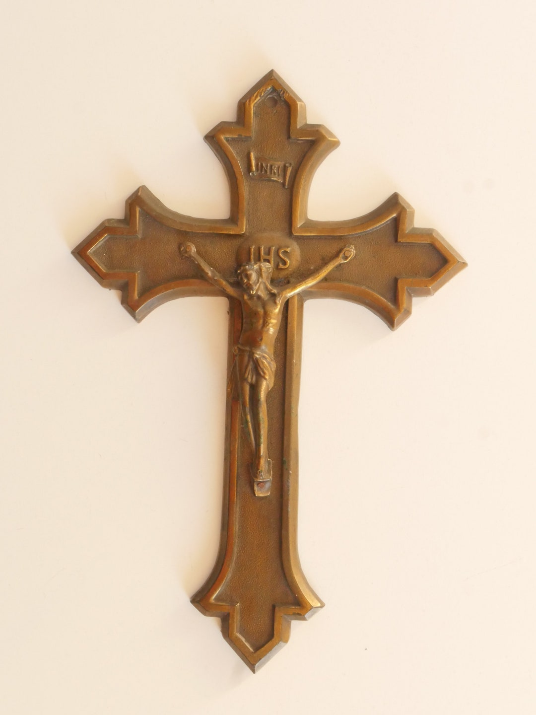 Antique Belgian Brass Crucifix, J.M.P.C, Gothic Altar Icon, Lot Nr 876 ...