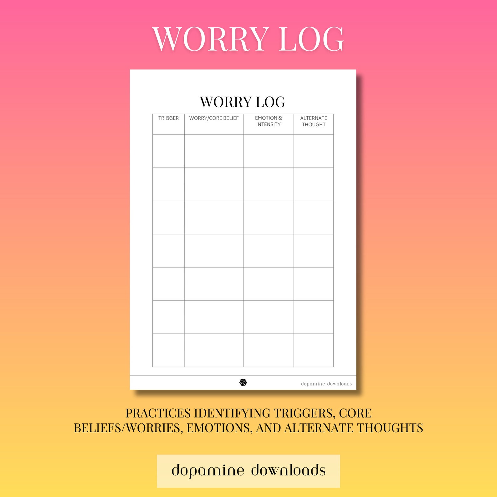 Worry Log for Clients, Mental Health Workers, Therapists, Counselors ...