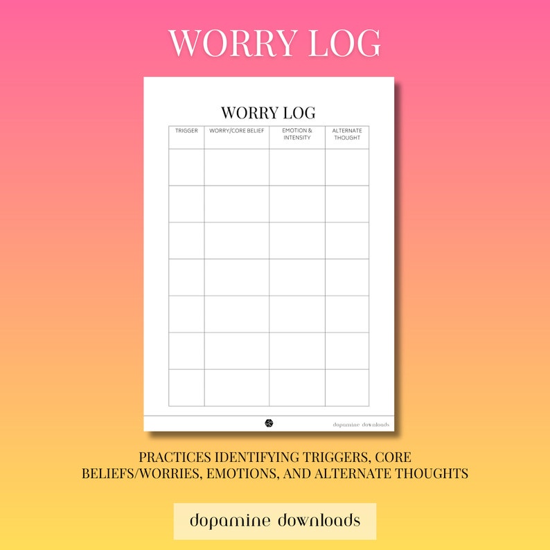 Worry Log for Clients, Mental Health Workers, Therapists, Counselors ...