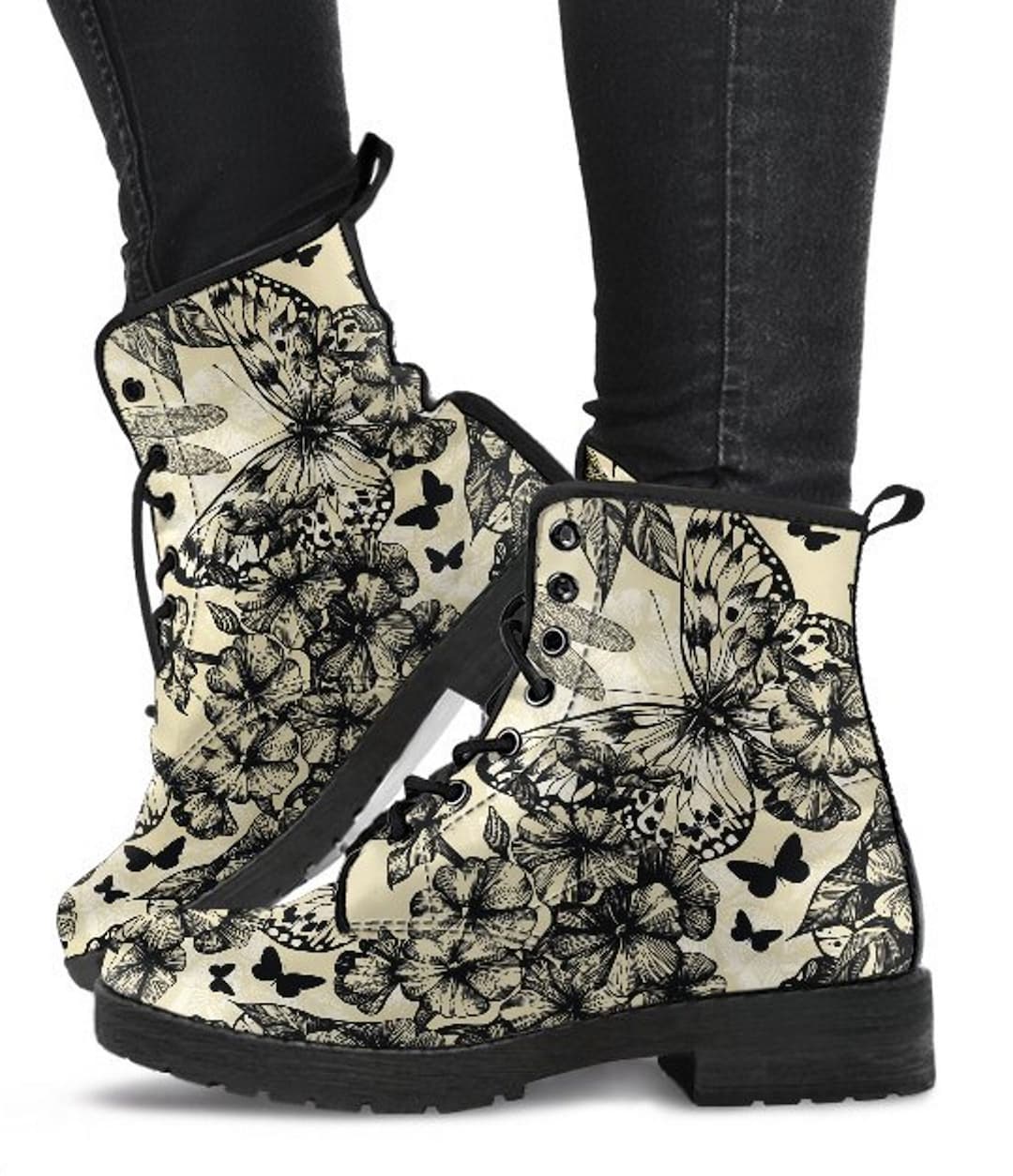 Combat Boots Butterfly Pattern Boots Handcrafted Womens Vegan Shoes ...