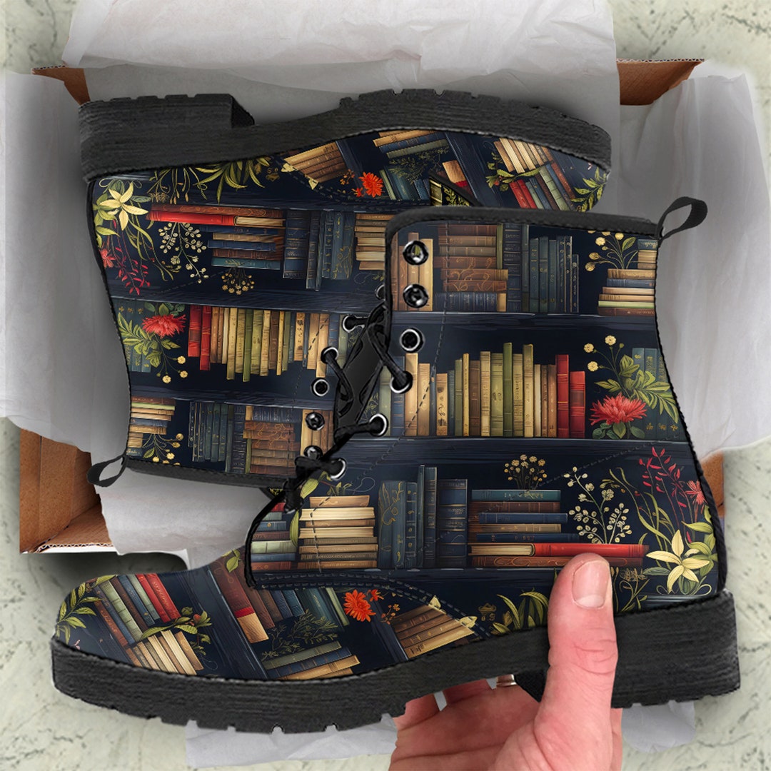 Library Book Vegan Leather Boots, Book Lover Gifts for Her Combat Boots ...
