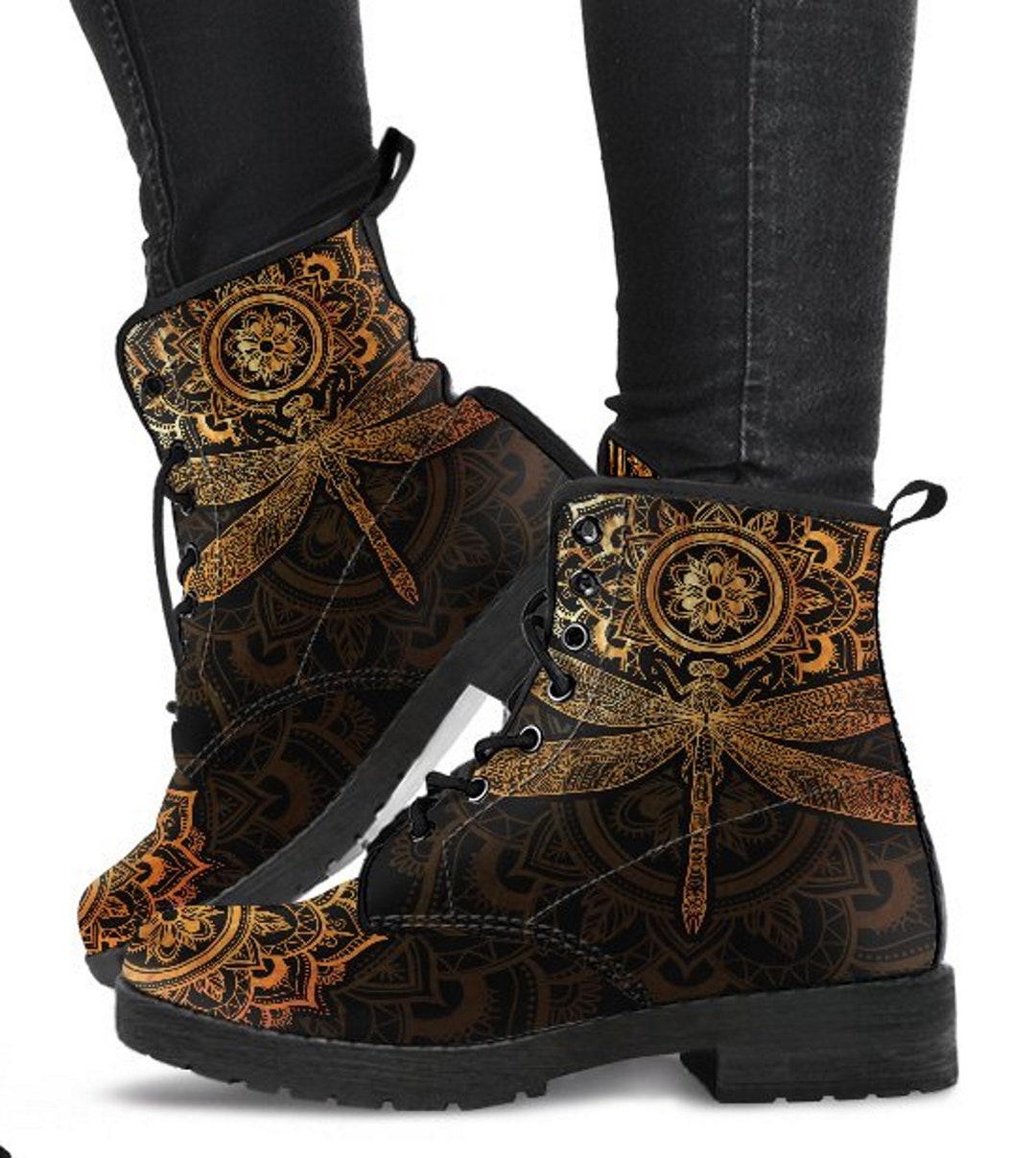 Dragonfly Combat Boots: Rusty Gold Vegan Leather, Bohemian Fashion - Etsy