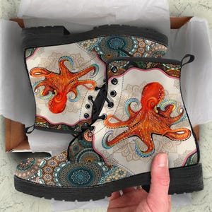 Octopus Hummingbird Vintage Mandala Women's Vegan Leather Combat Boots ...