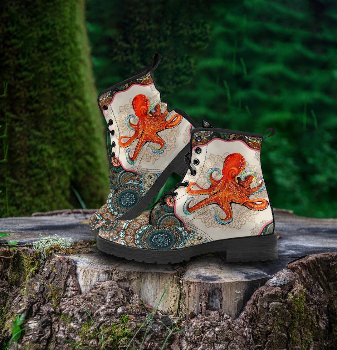 Octopus Hummingbird Vintage Mandala Women's Vegan Leather Combat Boots ...