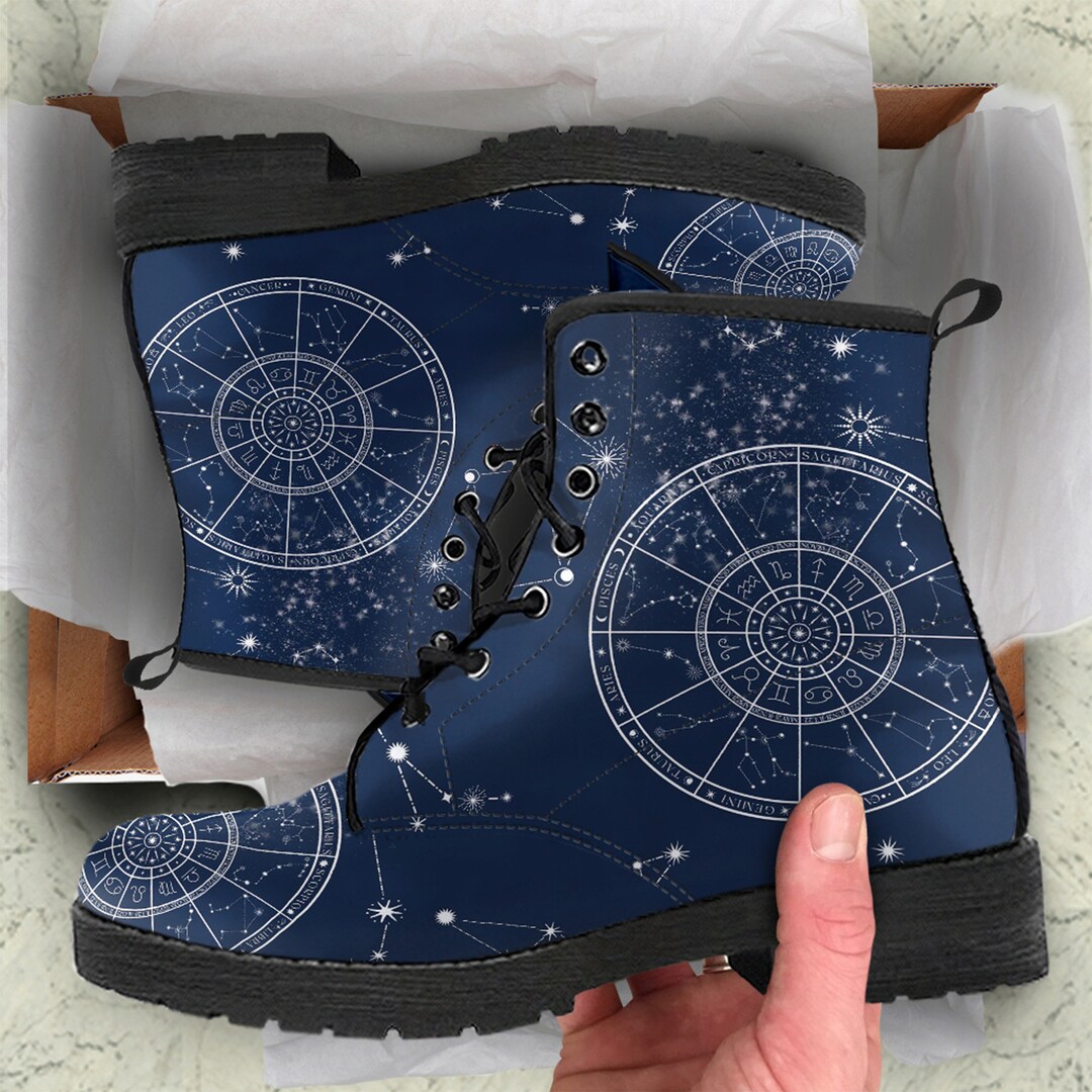 Combat Boots Zodiac Starry Sky Pattern Vegan Leather Boots, Casual ...