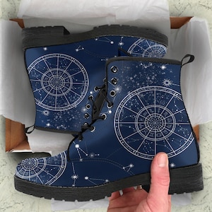 Combat Boots Zodiac Starry Sky Pattern Vegan Leather Boots, Casual ...