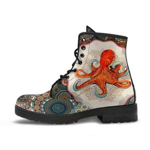 Octopus Hummingbird Vintage Mandala Women's Vegan Leather Combat Boots ...