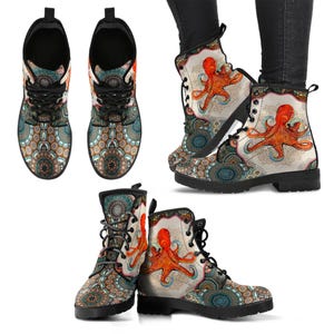 Octopus Hummingbird Vintage Mandala Women's Vegan Leather Combat Boots ...