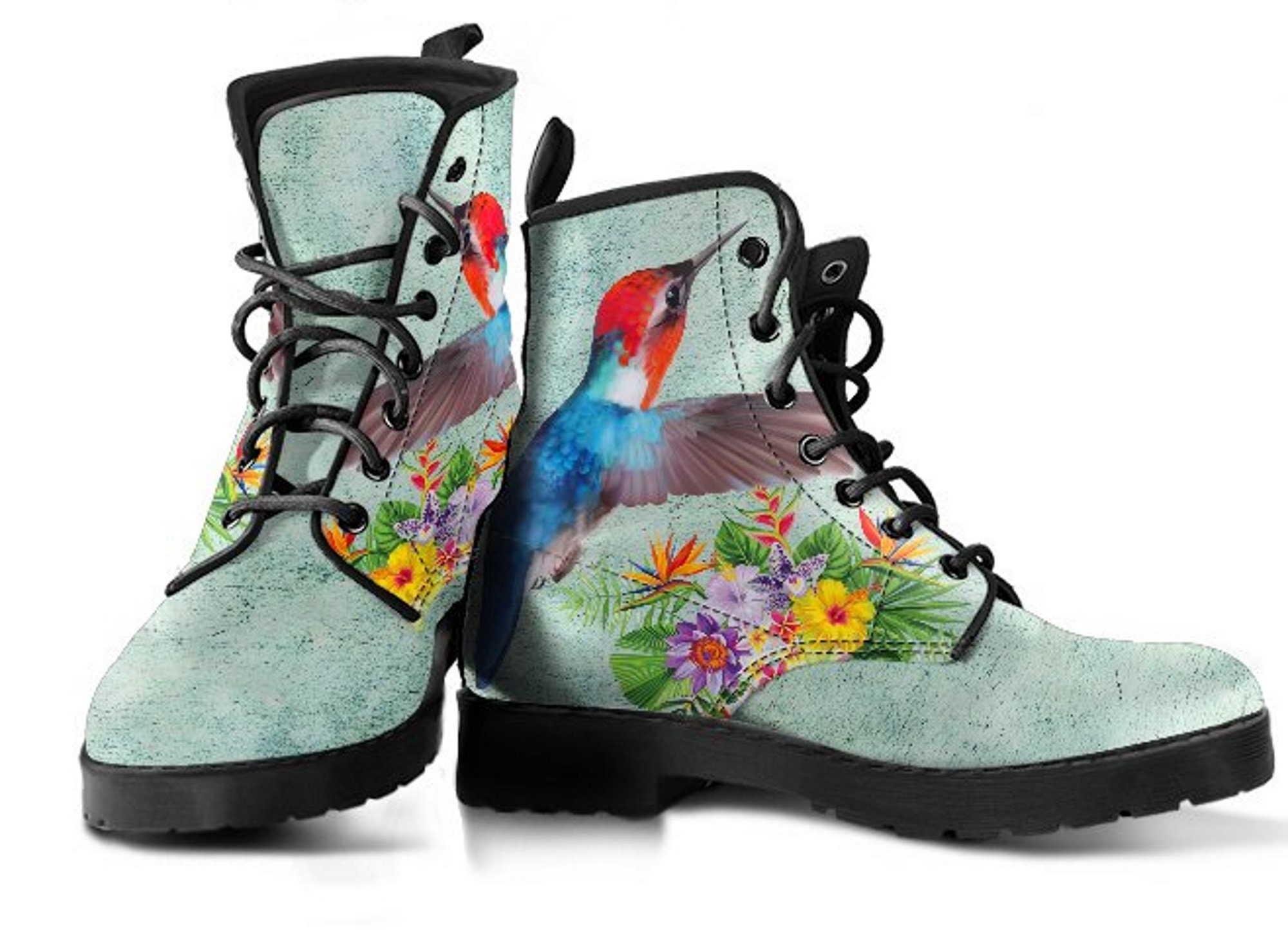 Hummingbird Flower Vegan Leather Combat Boots: Bohemian Ankle Shoes ...