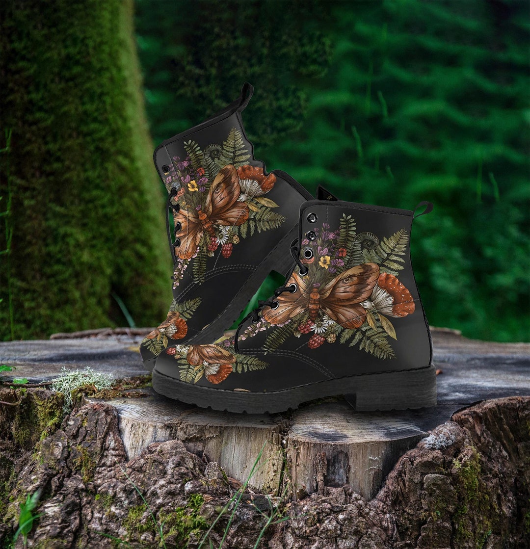 Cottagecore Mushroom and Flowers Tropical Women's Vegan Leather Combat ...