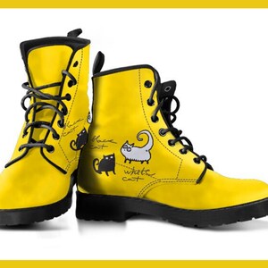 Combat Boots Black and White Cat on Yellow Leather Women's Boots, Vegan ...