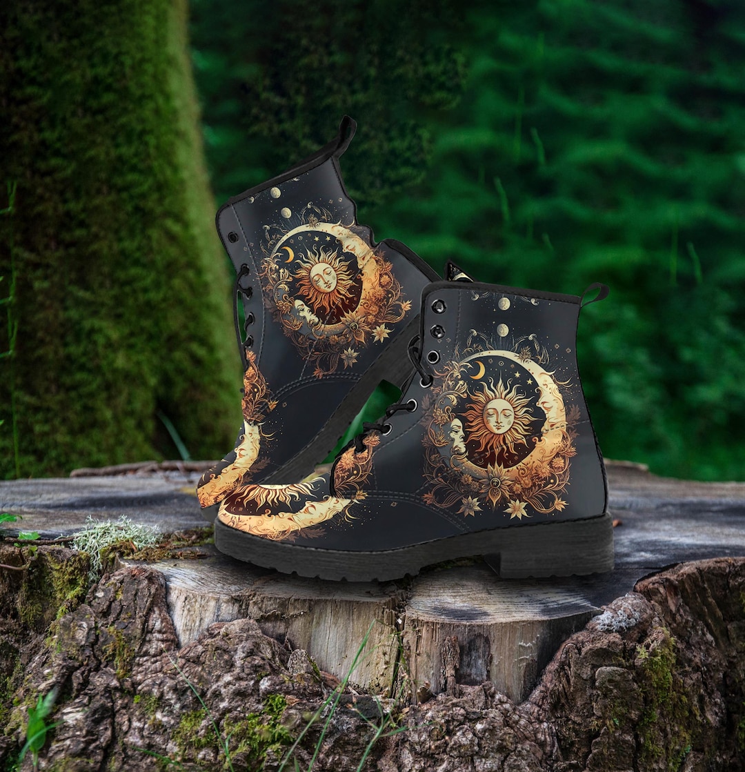 Mystical Sun and Moon Phase Combat Boots for Women – Celestial Gothic ...