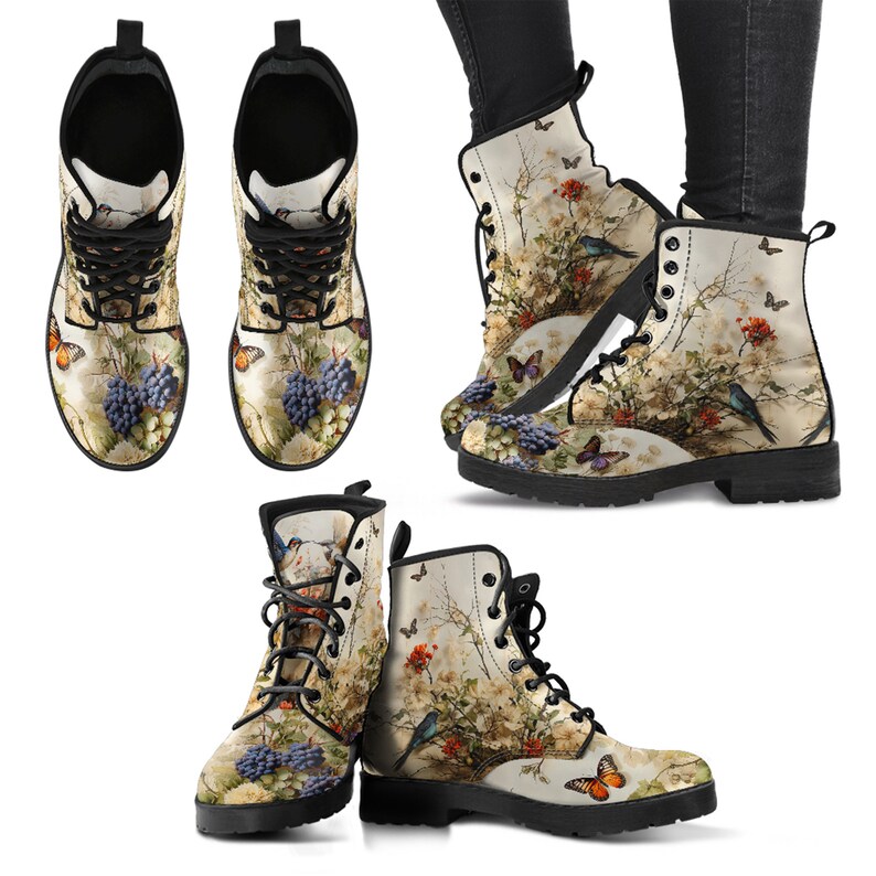 Hummingbird Botanical Vegan Leather Combat Boots, Custom Floral Women's ...