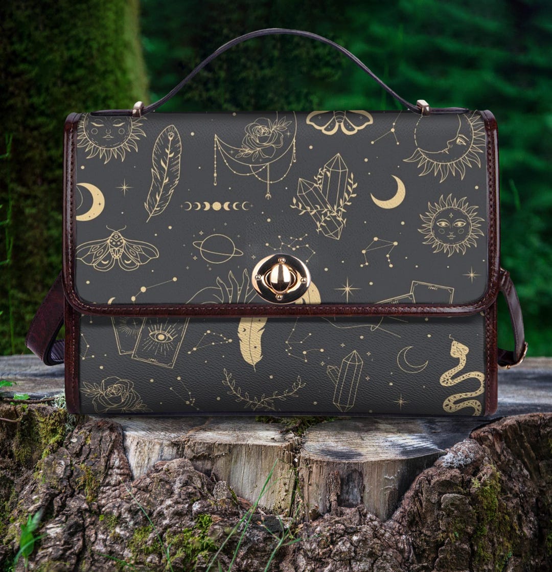 Golden Astrology Zodiac Women’s Handbag, Celestial Print Purse, Moon ...