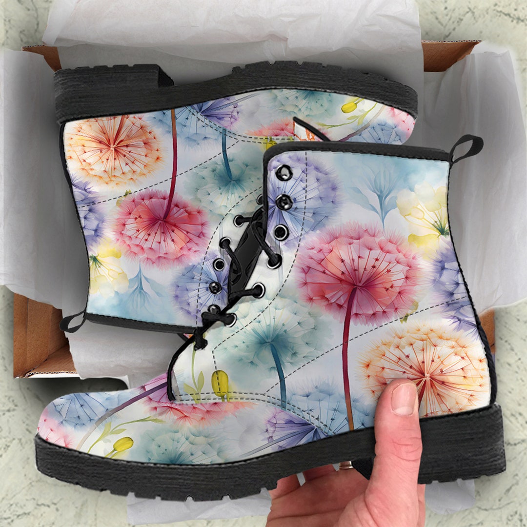 Watercolor Dandelions Vegan Leather Boots: Floral Combat Boots - Etsy