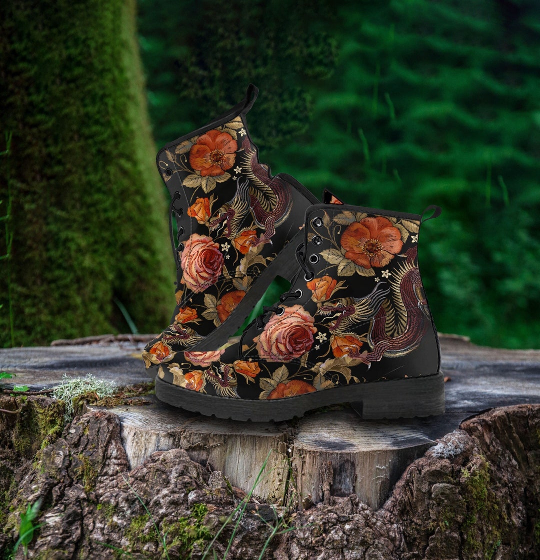 Two Chinese Dragons With Rose Flowers, Vegan Leather Boots, Combat ...