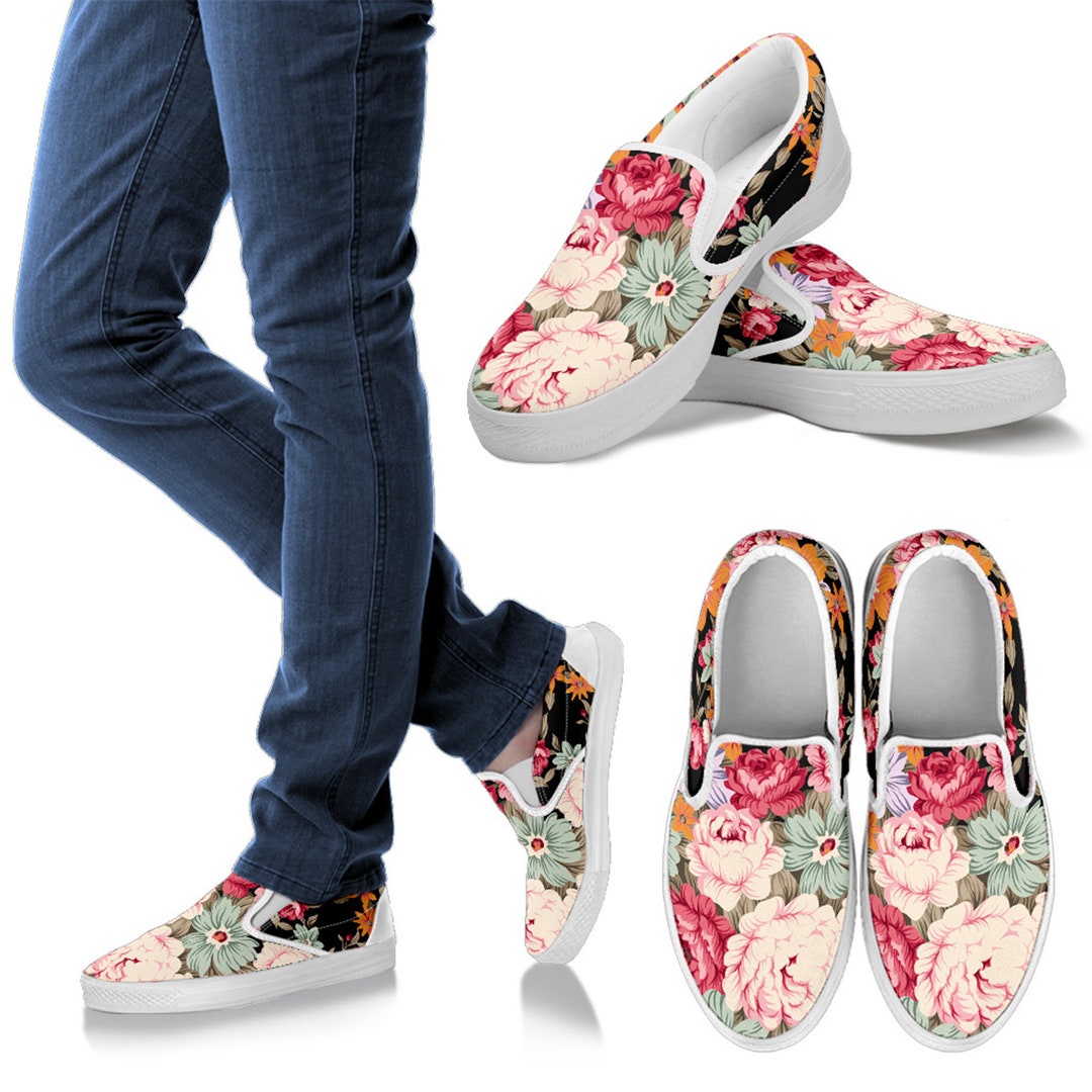 Woman's Floral Custom Slip Ons Sneakers, Comfortable Canvas Shoes Gifts ...