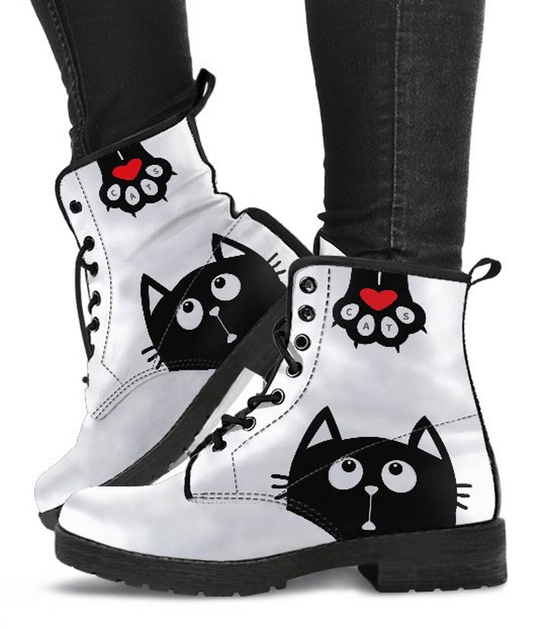 Combat Boots Cute Black Boots Cats Womens Fashion Vegan Leather Combat ...