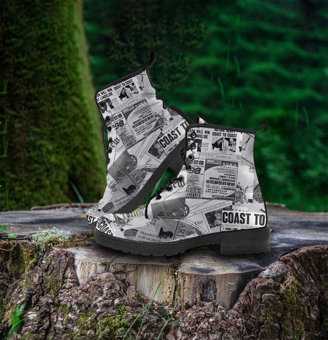 Newspaper Print Vegan Leather Combat Boots: Gothic Platform Shoes - Etsy