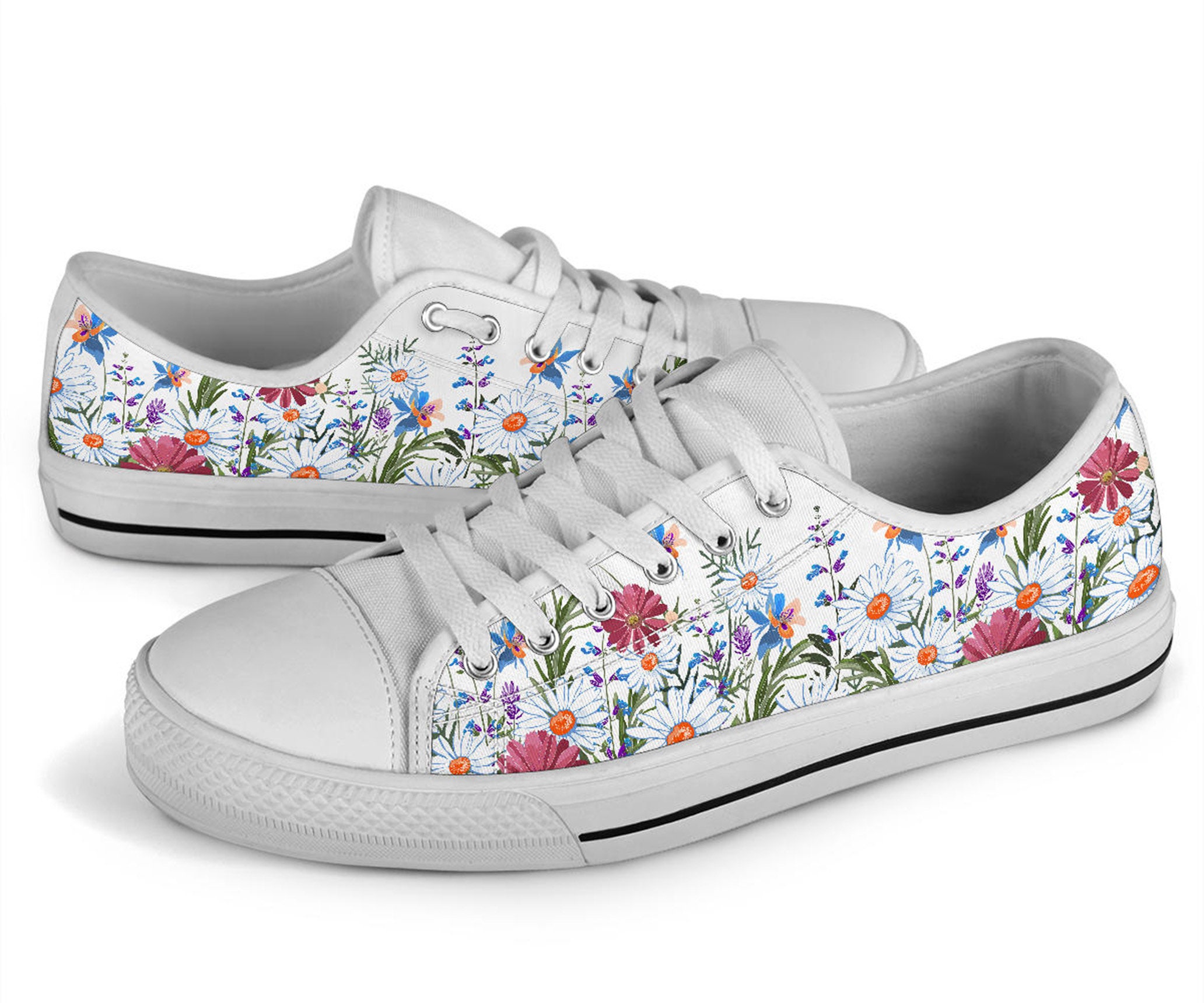 Women's Flower With Low Top White Custom Sneakers - Etsy