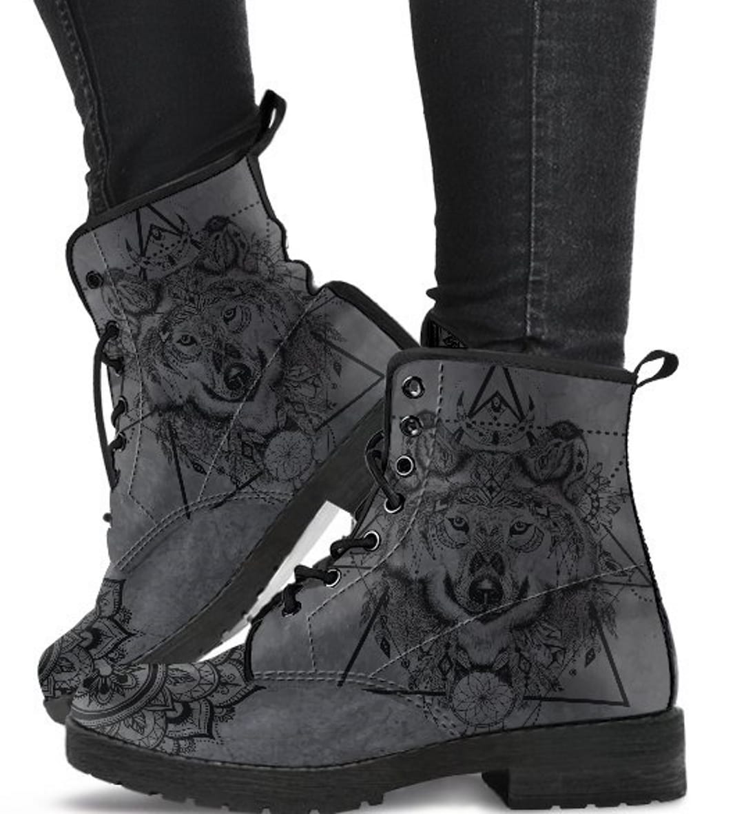 Dark Gray Wolf Mandala Boots: Vegan Leather Combat Ankle Boots - Etsy