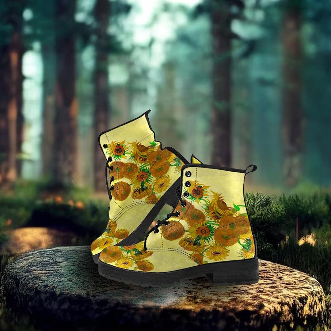 Van Gogh Sunflower Vegan Leather Boots, Custom Women's Shoes - Etsy