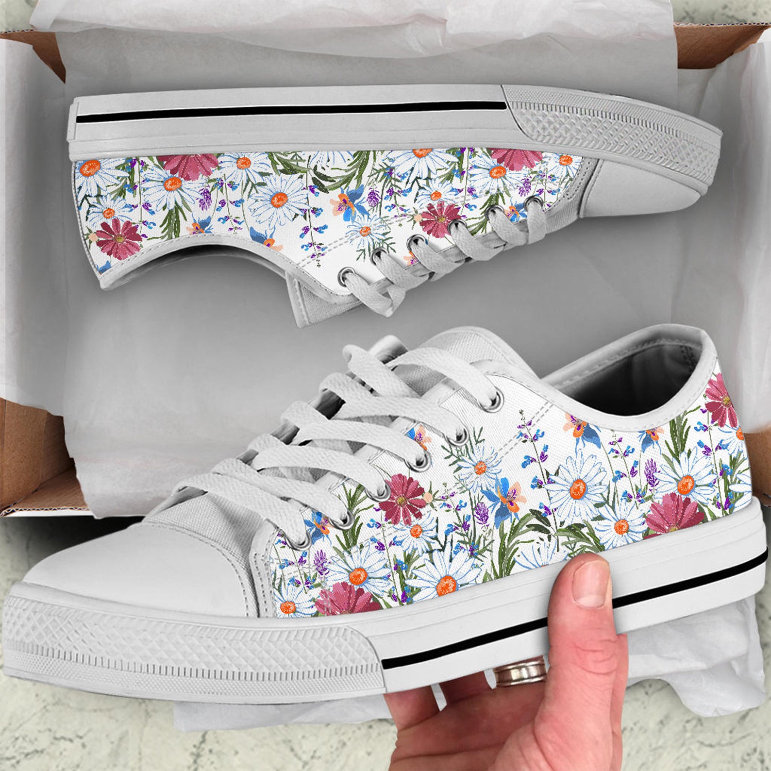 Women's Flower With Low Top White Custom Sneakers - Etsy