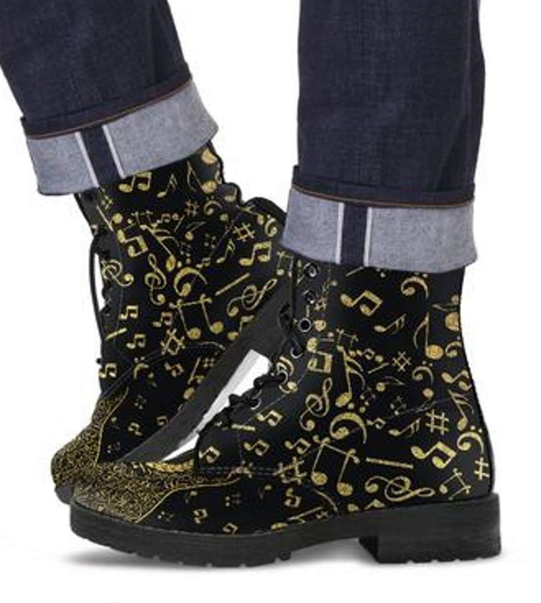 Gold Music Notes Boots for Women's, Design Faux Leather Combat Boots ...