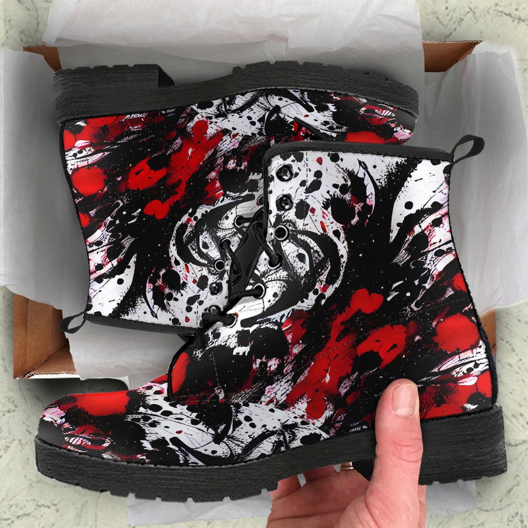 Combat Boots Red and Black Ink Splatter Custom Vegan Leather Boots ...