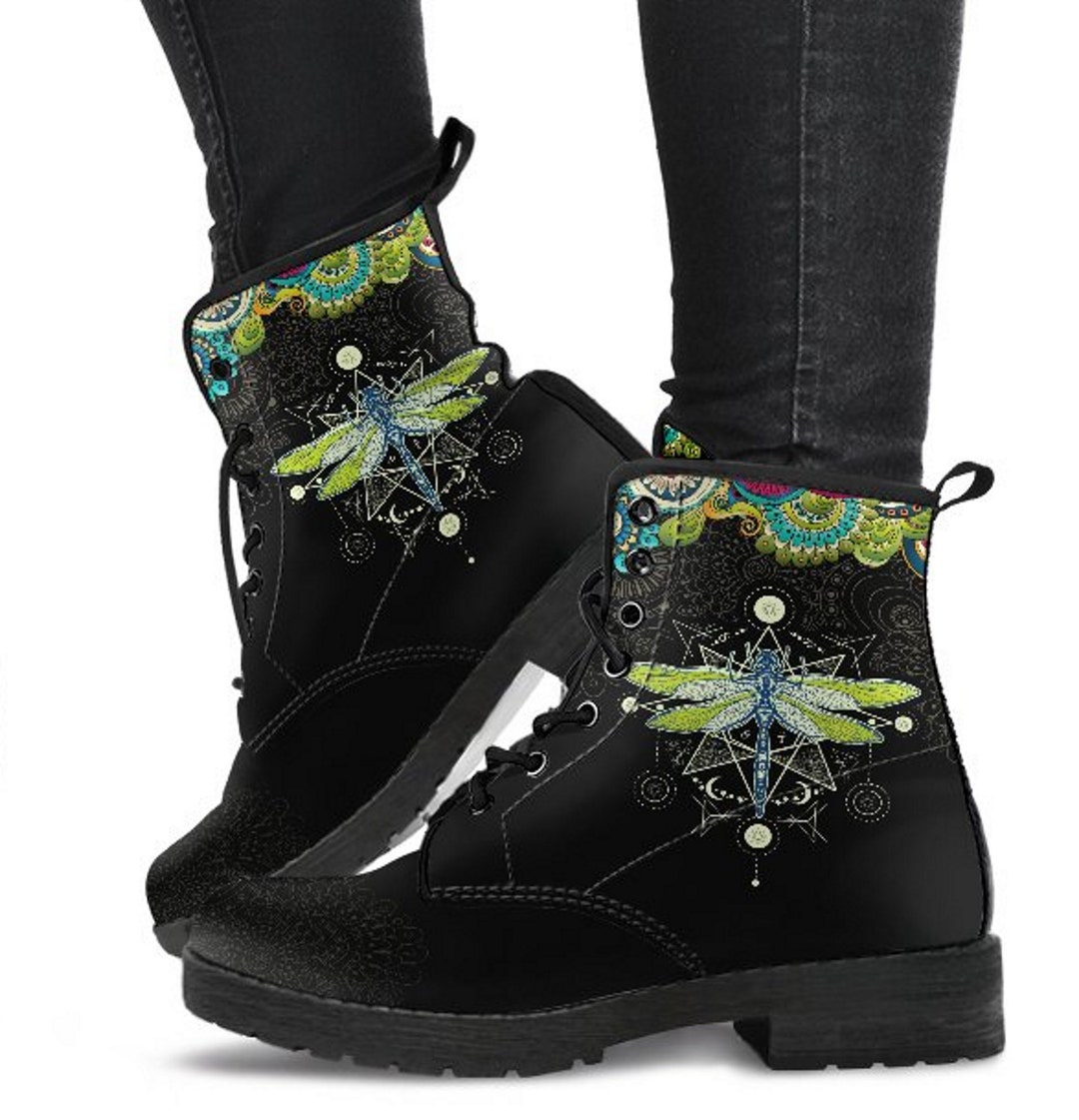 Combat Boots Dragonfly Black Mandala Womens Boots, Womens Fashion ...