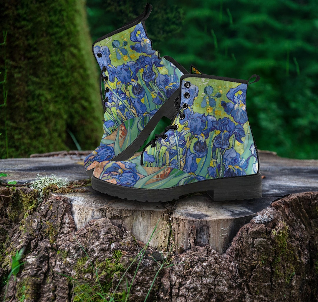 Van Gogh Irises Vegan Leather Combat Boots: Art Inspired Cowboy Boots ...