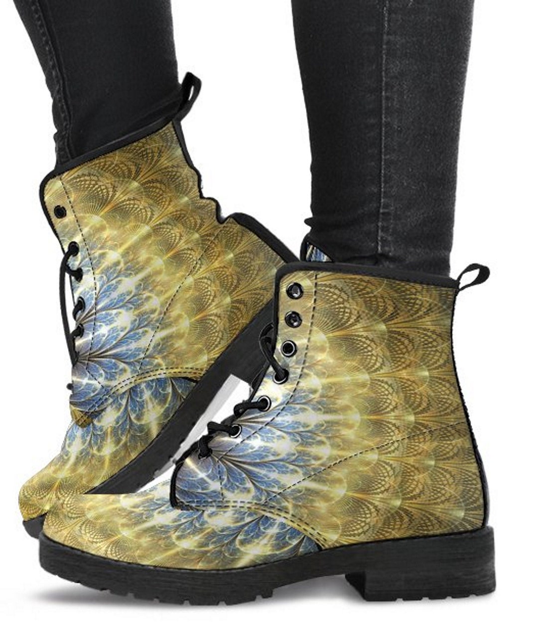 Fractal Flower Combat Boots: Vegan Leather Bohemian Fashion - Etsy