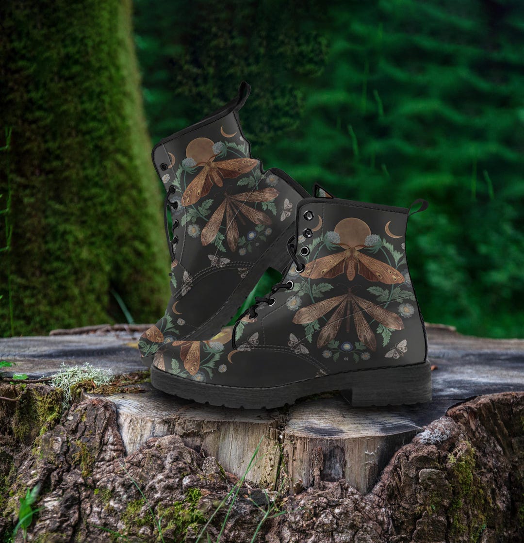 Lunar Moth Print Combat Boots – Vegan Leather Fairycore Shoes - Etsy