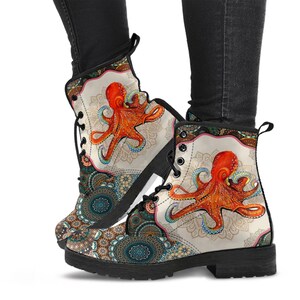 Octopus Hummingbird Vintage Mandala Women's Vegan Leather Combat Boots ...