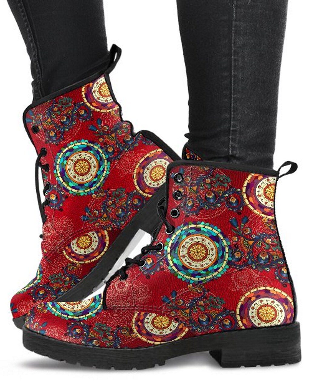 Combat Boots Red Paisley Mandala Women's Boots, Womens Fashion, Vegan ...