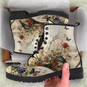 Vines Flowers and Hummingbirds Vegan Leather Boots, Combat Shoes Custom ...