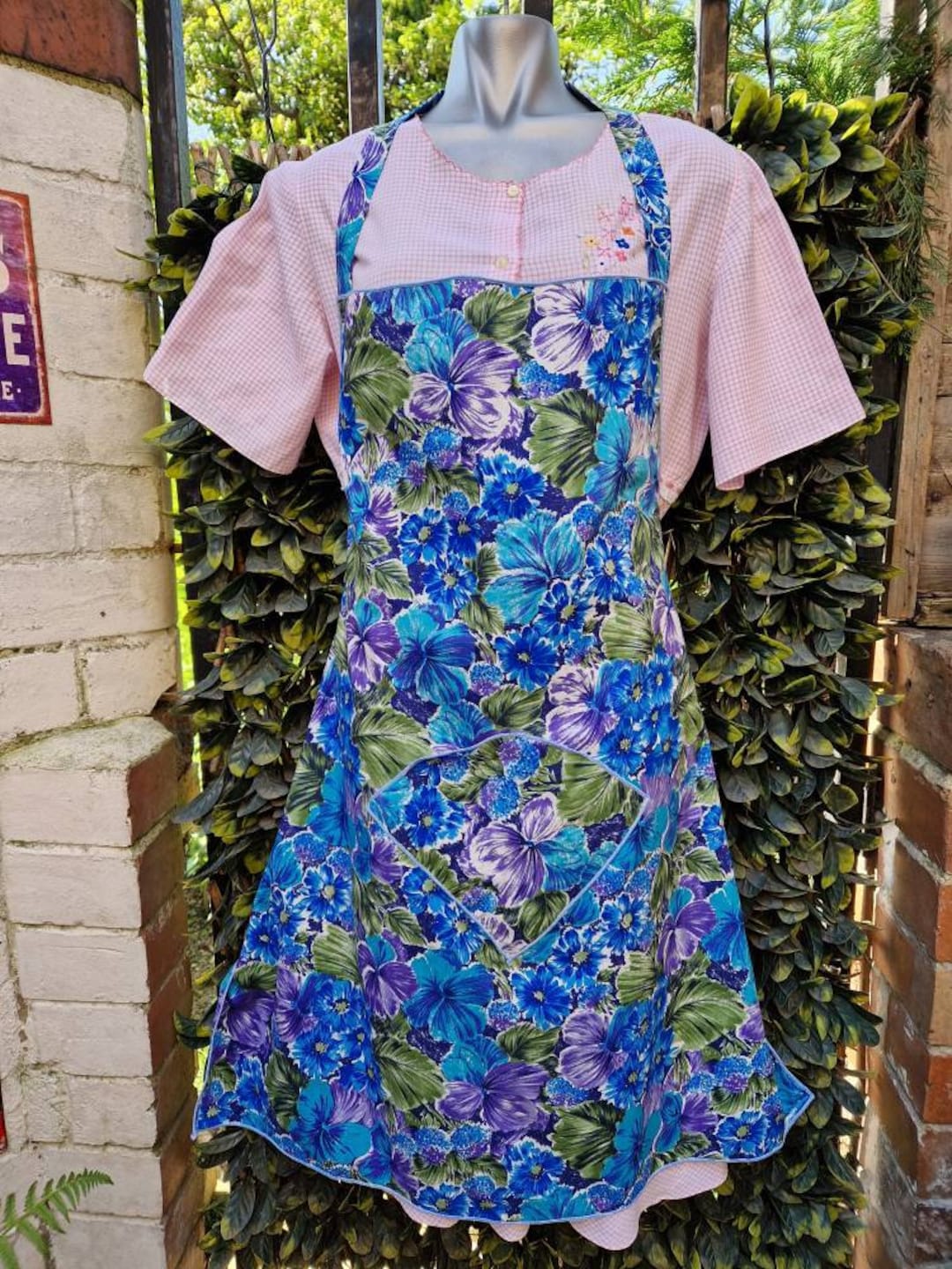 Vintage Homemade Full Apron in Blue Floral Emdesign, 80s Full Apron ...