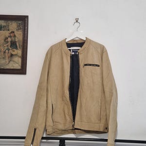 Mens Triumph Motorcycle Jacket in Beige Suede Leather, Zip up Front ...