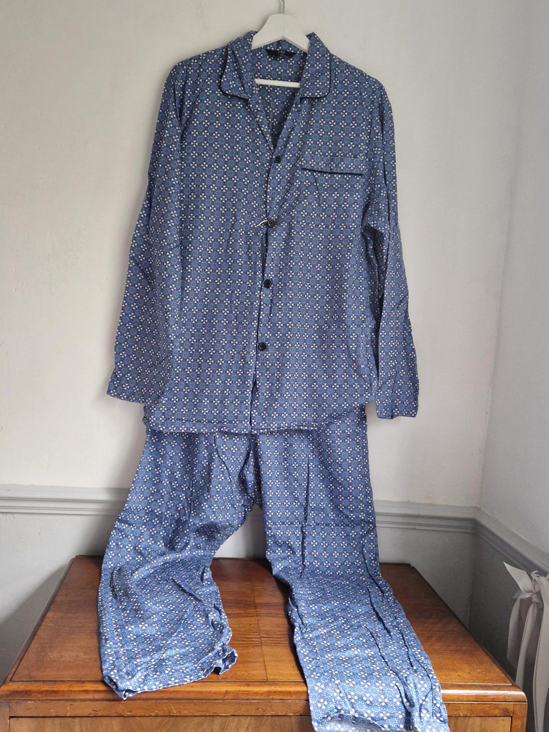 Mens Vintage Style Pyjamas, Blue Geometric Design, Pyjama Set, Retro ...