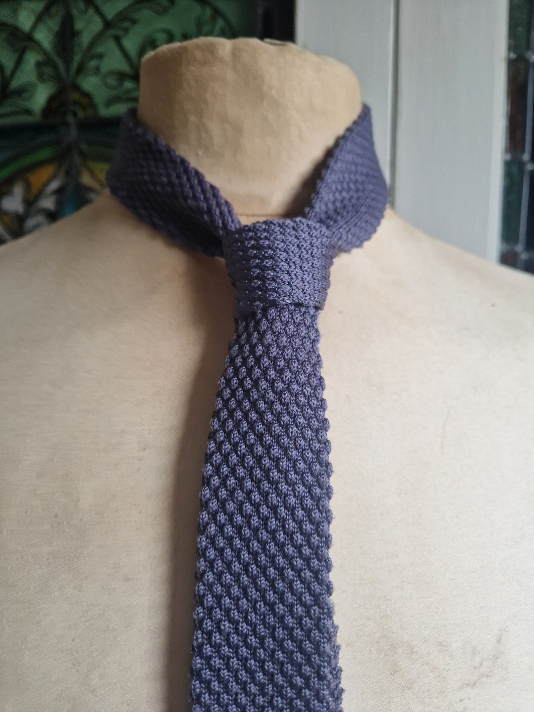 Mens Vintage Skinny Mod Crimplene Knitted Textured Tie in Slate Blue ...
