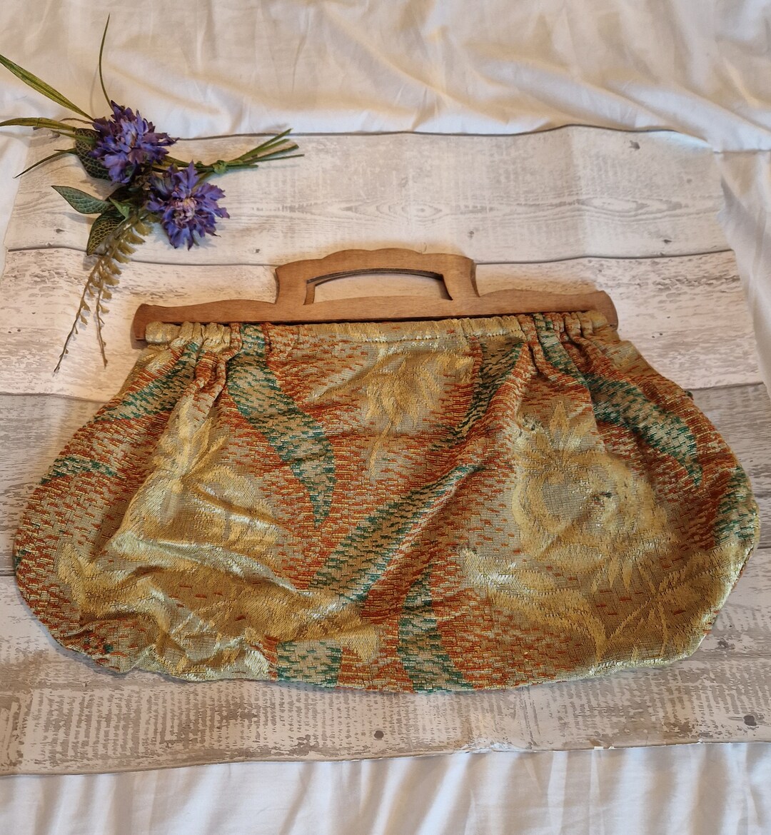 Large Craft Bag With Wooden Handles, Homemade Vintage Bag Suitable for ...