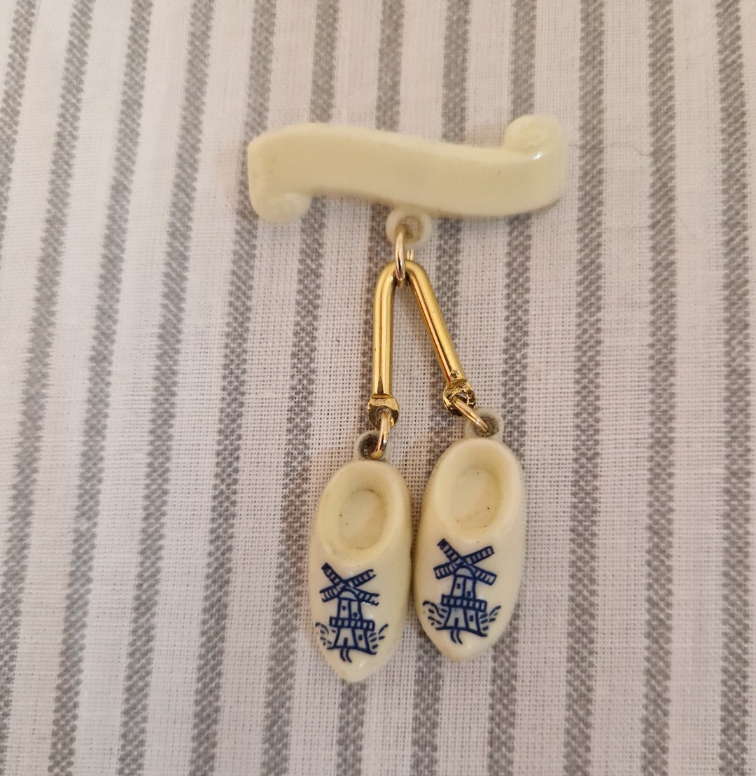 Dutch Delft Windmill Miniature Clogs Broach, Mid Century Cellulose ...