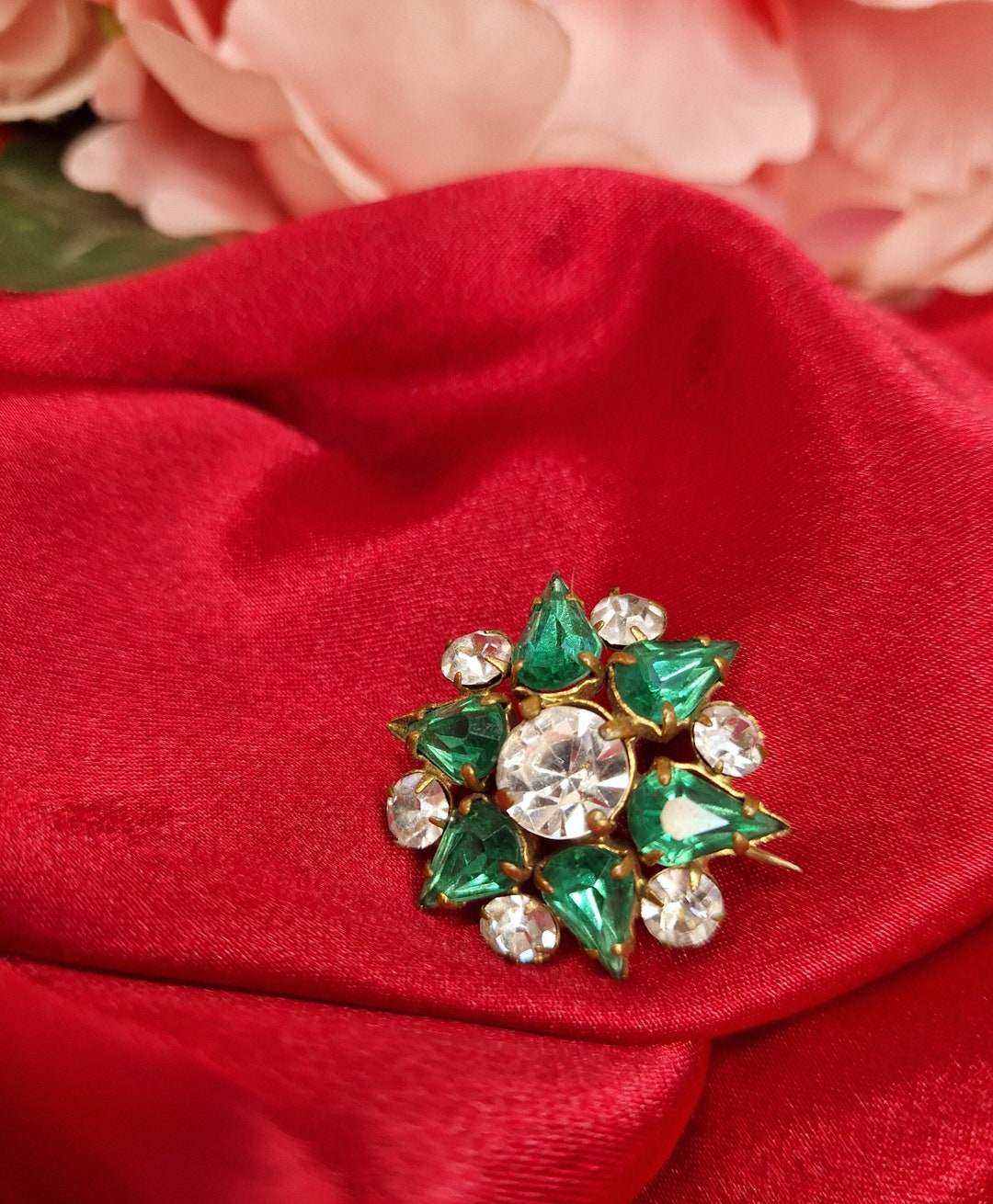 Broche vintage scintillante, verte et strass, jolie broche portable ...