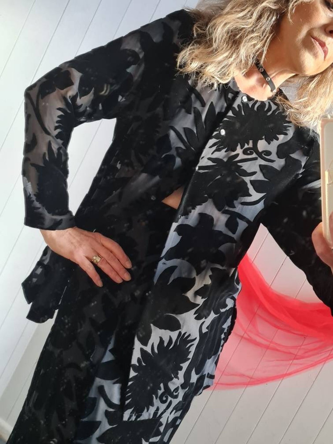 Vintage Silk Devore Burnout Velvet Suit, Black Skirt Blouse Suit by ...