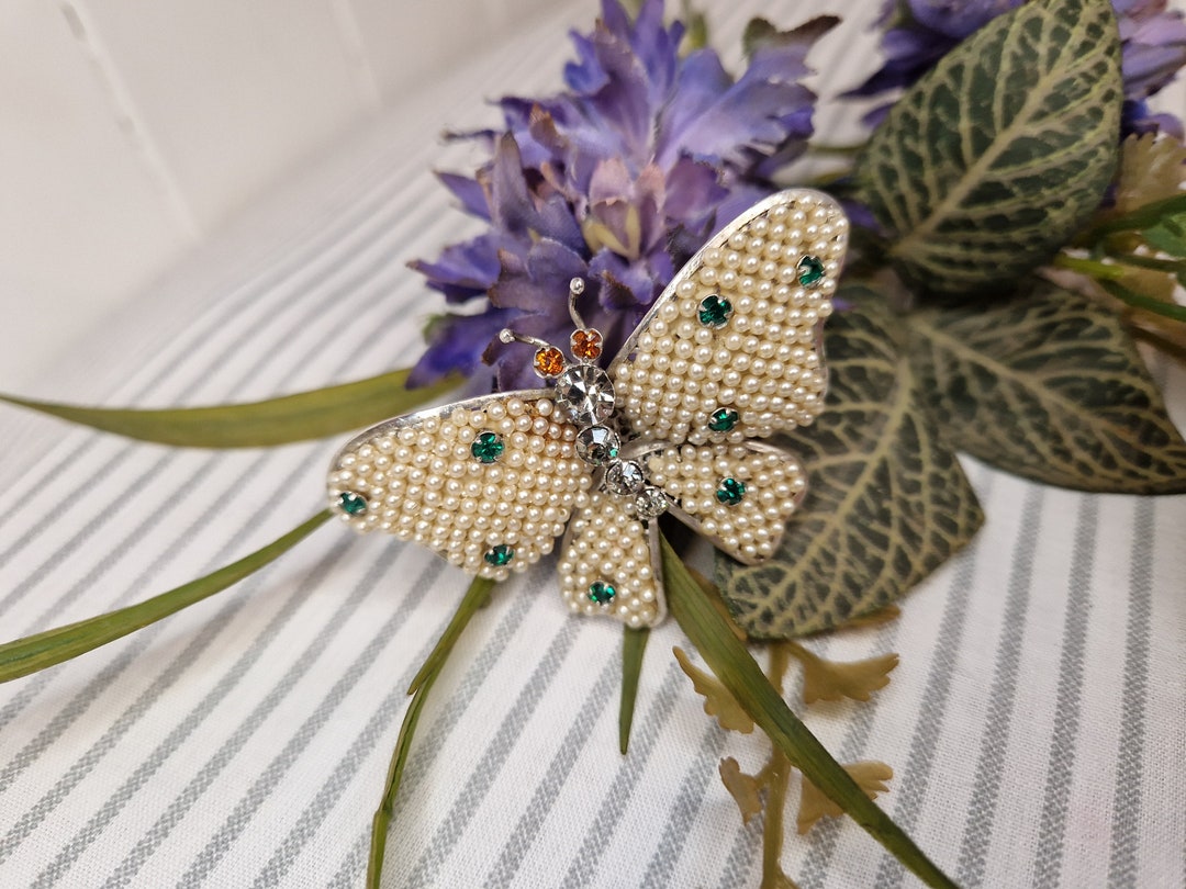 Butterfly Broach, Pearl Winged, With Green, Yellow and Sparkly Diamante ...